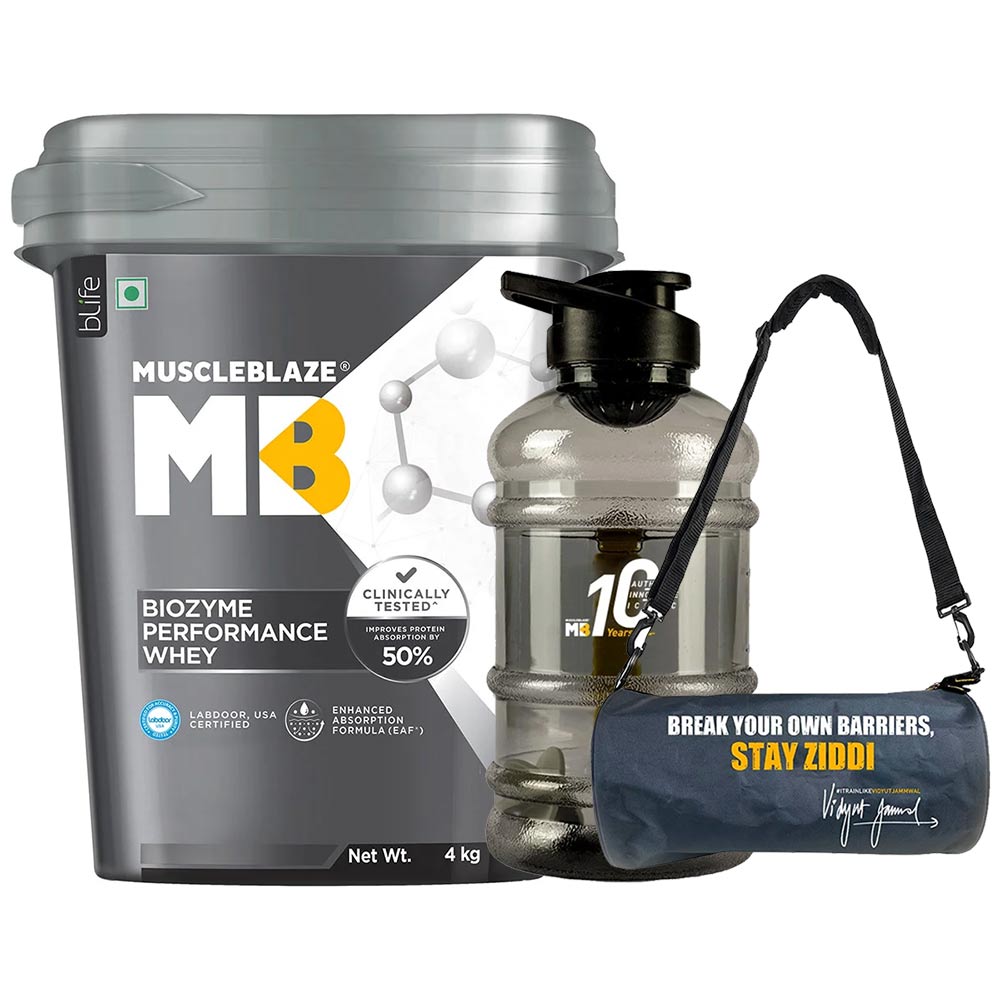 MuscleBlaze Biozyme Performance Whey 4 kg & Gym Bag & Gallon Bottle ...